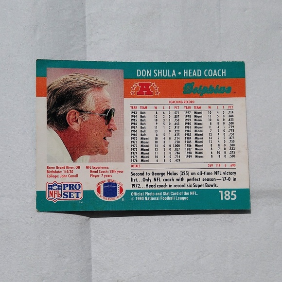 Pro Set | Toys | 99 Pro Set Don Shula Football Card Miami Dolphins 185 ...